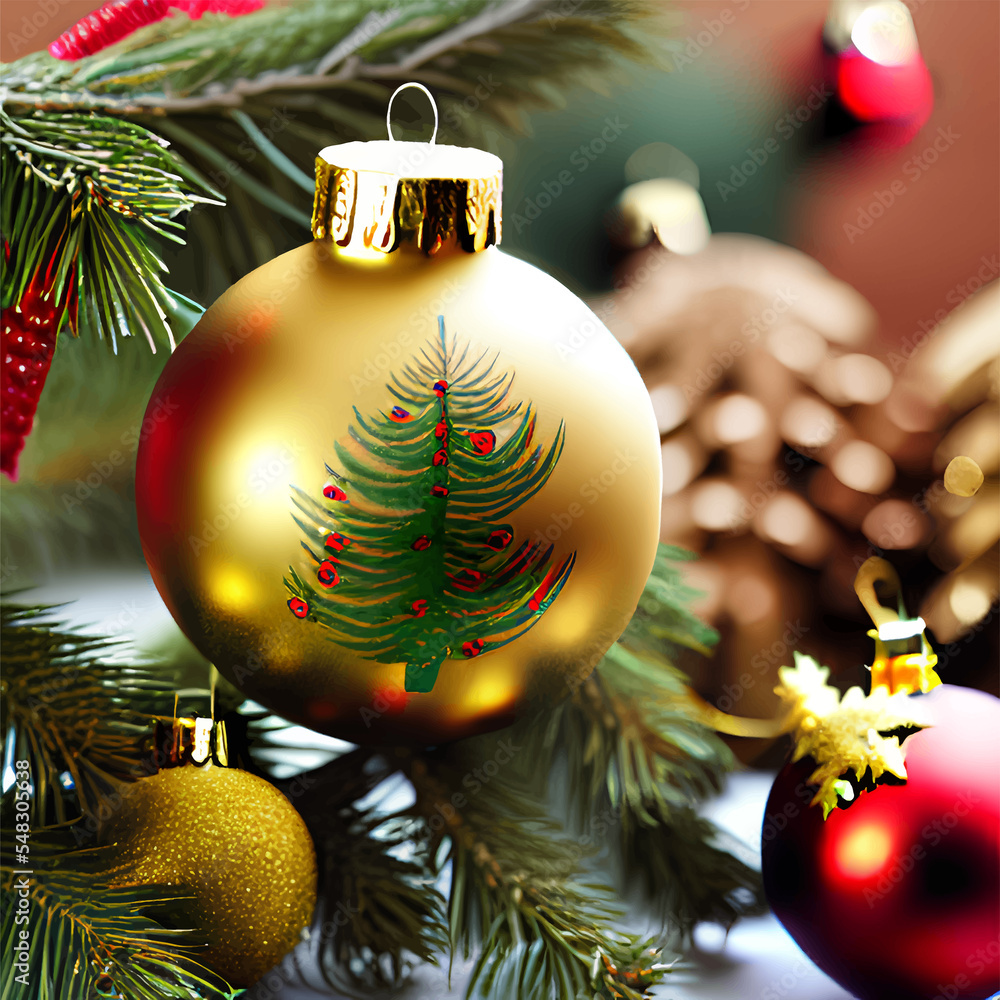 White canvas with frame on Christmas pine tree with golden ornaments ...
