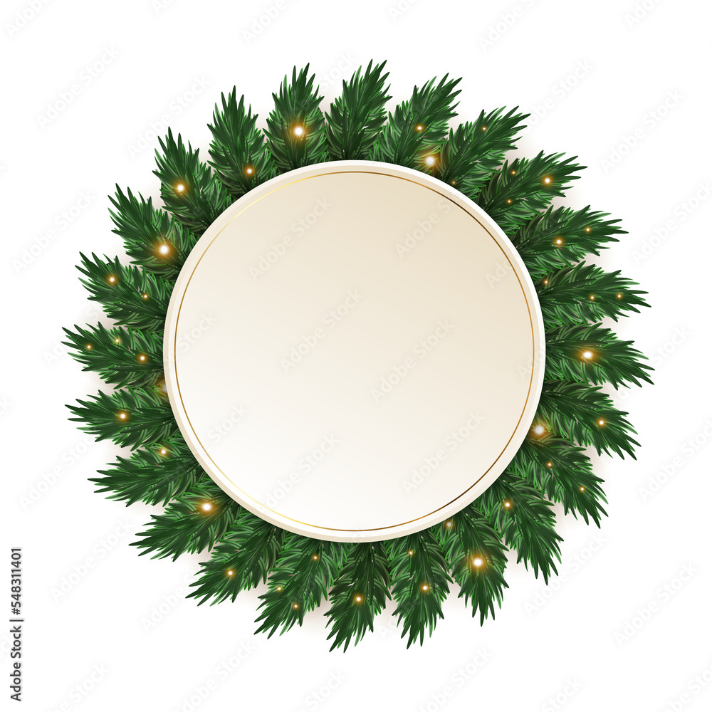 Christmas round frame with coniferous branches. Fir tree wreath with ...