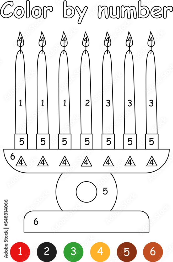 Color by number game for kids. Seven candles in kinara. Printable ...