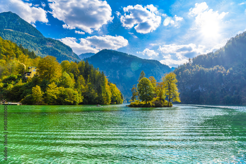 Small island with trees in the lake Koenigssee, Konigsee, Berchtesgaden ...