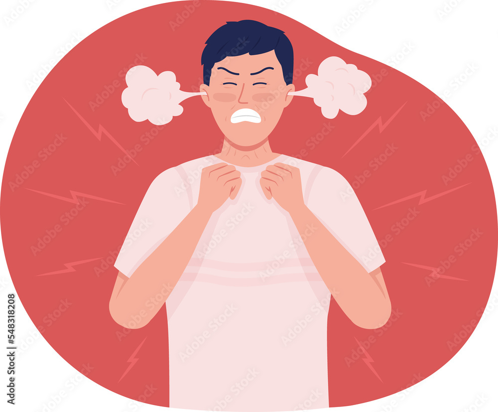 Man in fury 2D raster isolated illustration. Sense of very strong anger ...