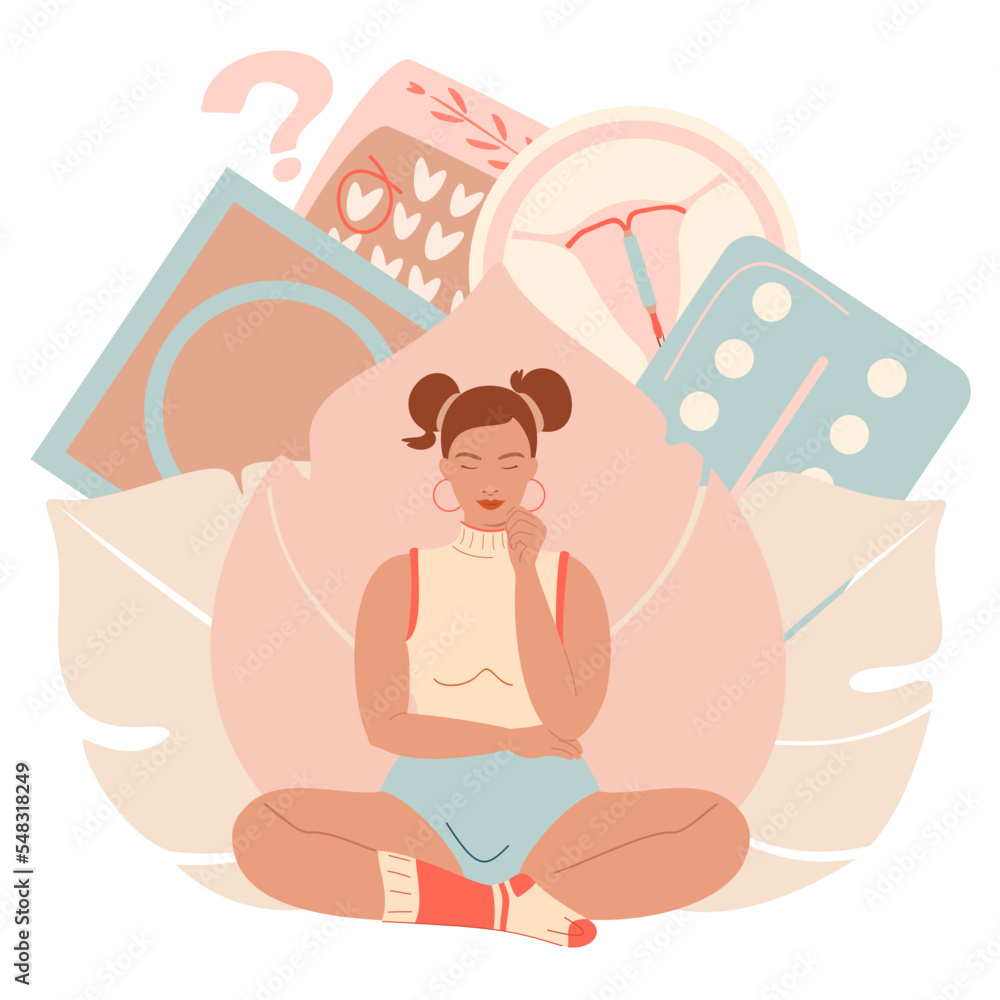 Woman chooses a suitable method of contraception. Different types of ...