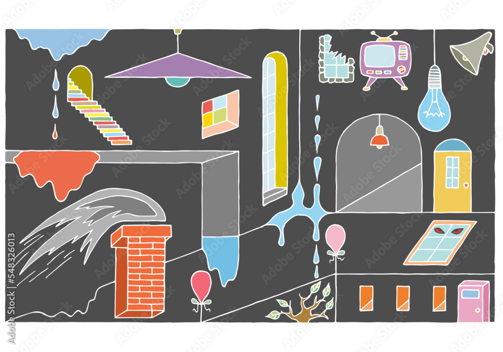 Psychedelic, surreal room interior. Hand Drawn. Freehand drawing ...