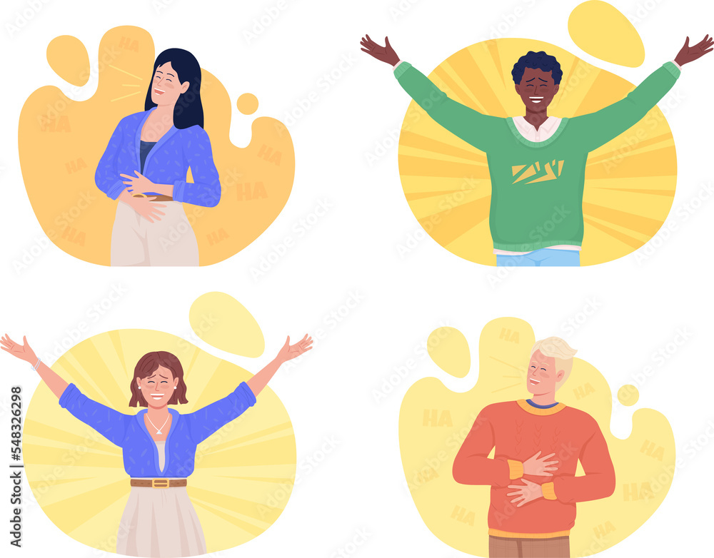 Positive emotions 2D raster isolated illustrations set. Laughing flat ...