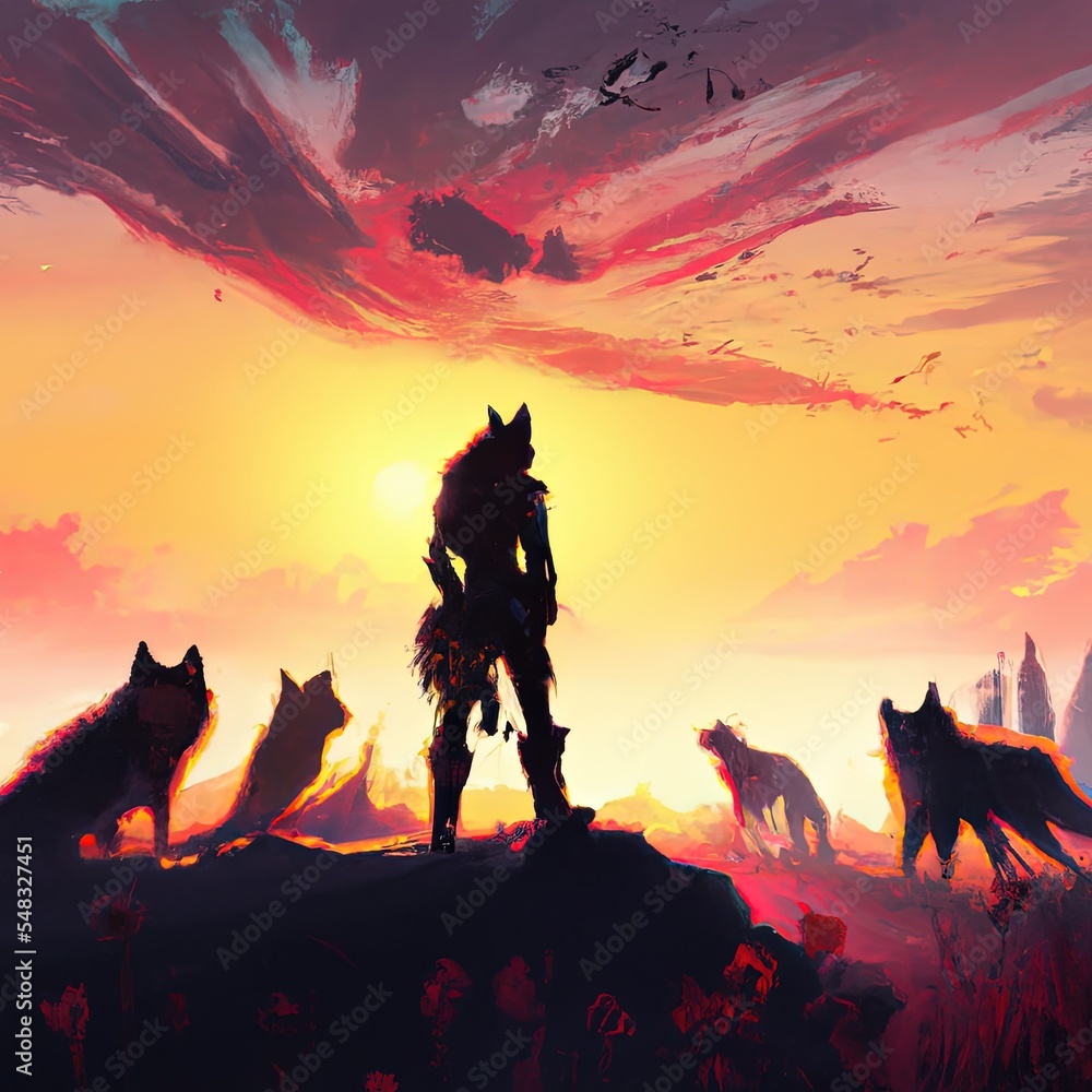 Warrior with a pack of wolves looking at sunset sky, digital art style ...