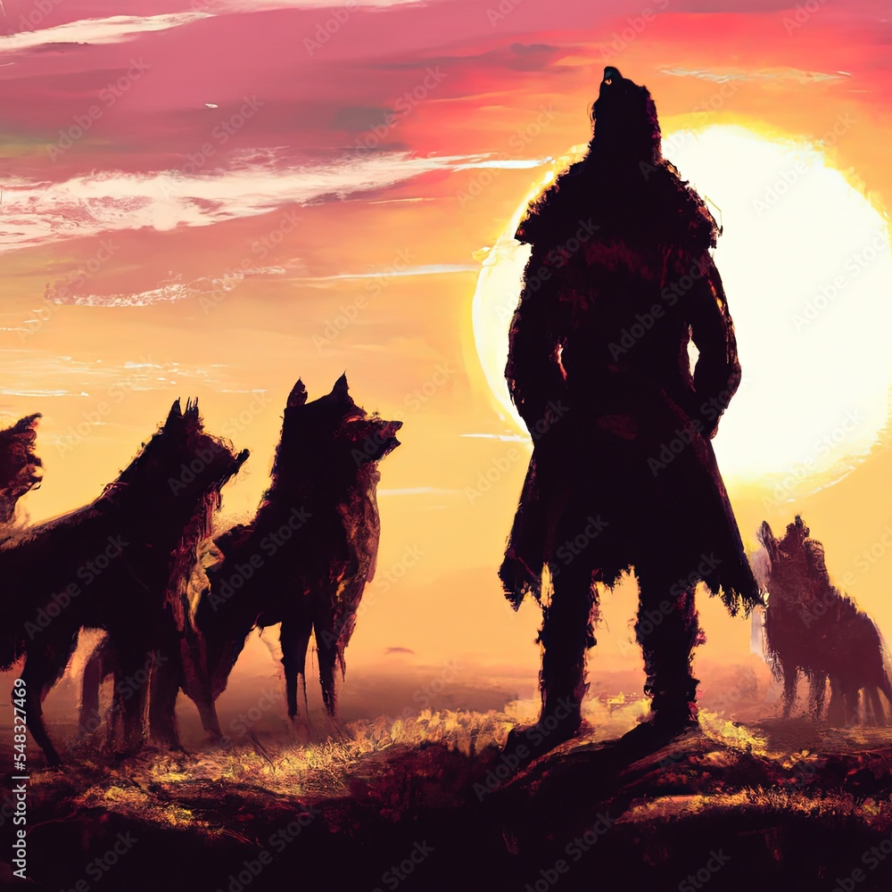 Warrior with a pack of wolves looking at sunset sky, digital art style ...