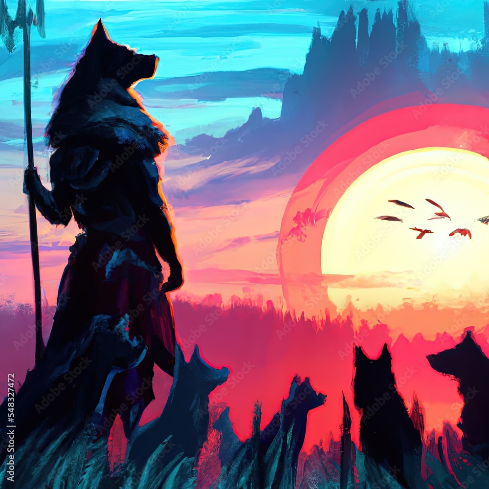 Warrior with a pack of wolves looking at sunset sky, digital art style ...