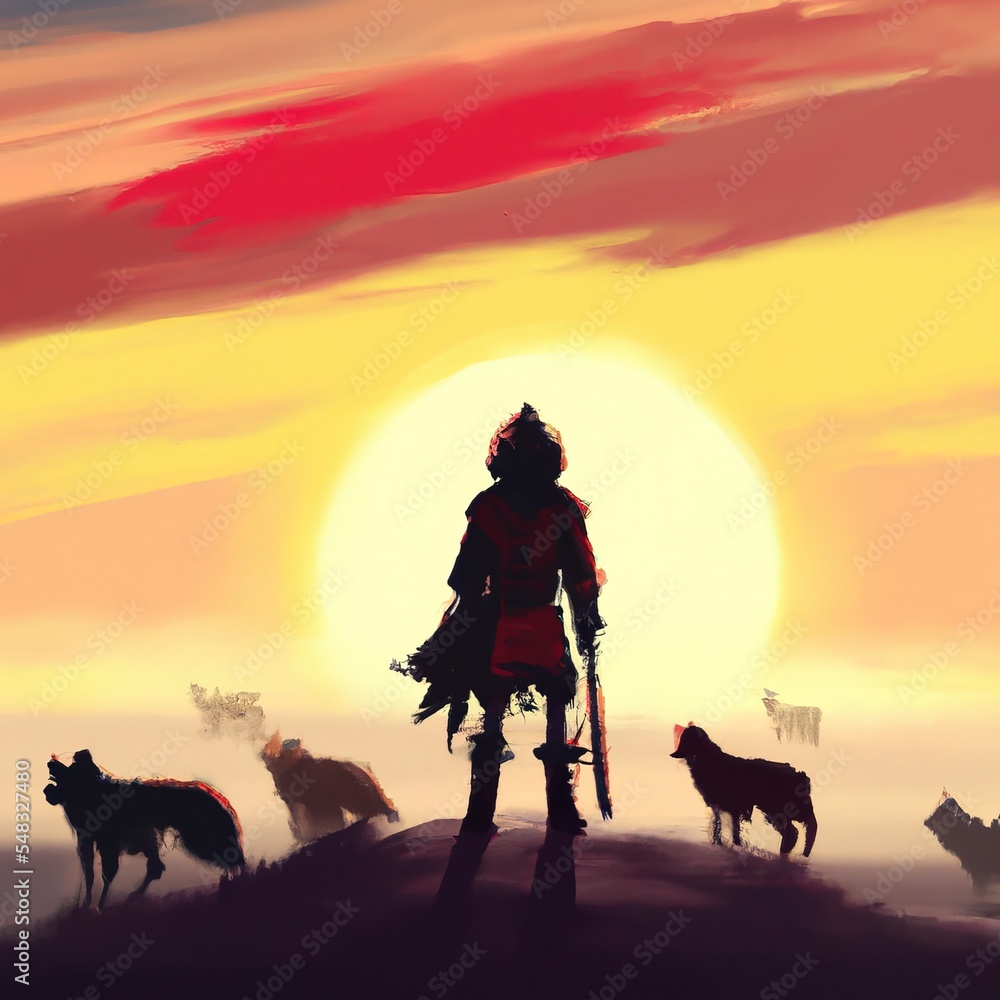 Warrior with a pack of wolves looking at sunset sky, digital art style ...