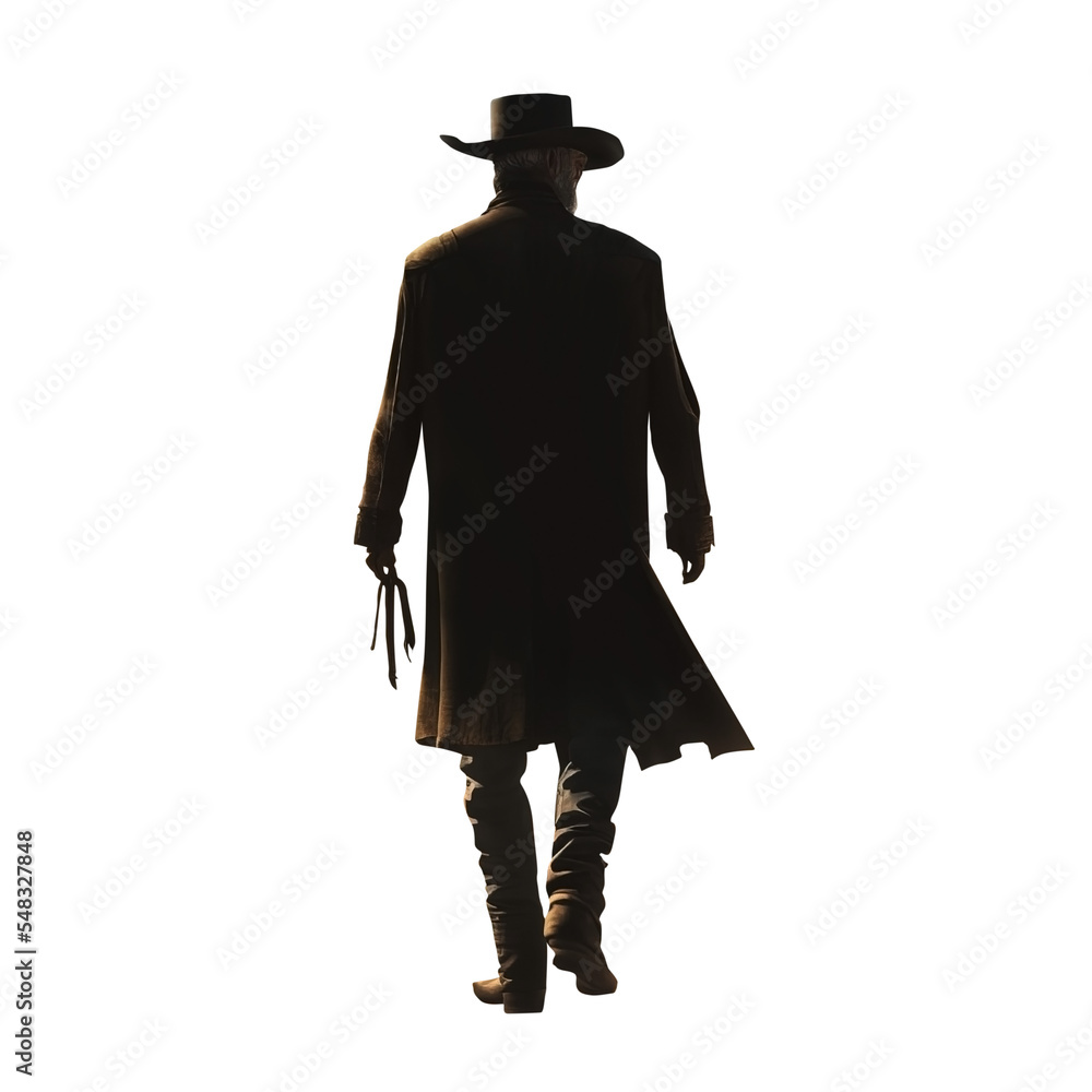 Handsome old wild west cowboy with his back to the viewer. Leather ...