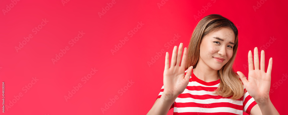 No thanks I pass. Reluctant lazy cute asian modern girl show hands ...