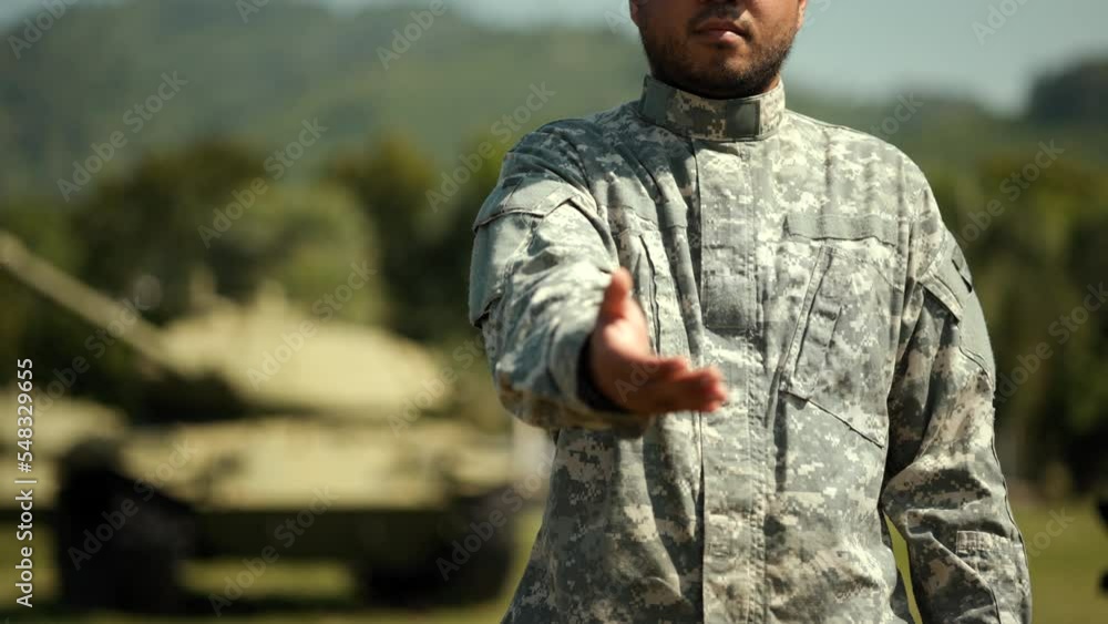 Peace war and make peace concept. Soldier Mission Giving hand make ...