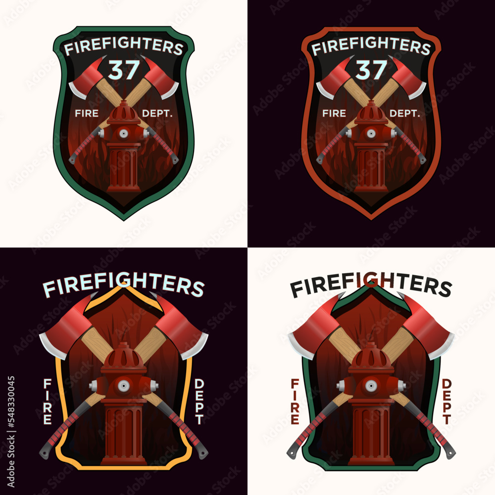 Firefighter Badge SET in realistic style. Firefighter axes and hydrant ...