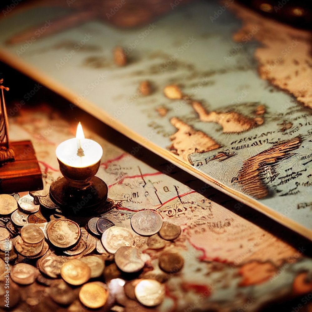 Ilustrace „An ancient pirate map in the cabin of a pirate ship. Image ...