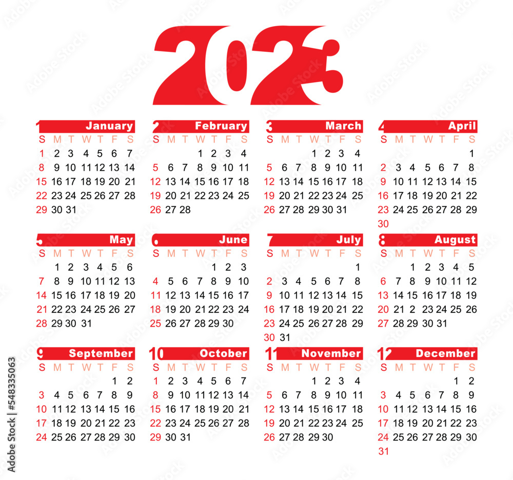 2023 Calendar year vector illustration. The week starts on Sunday ...