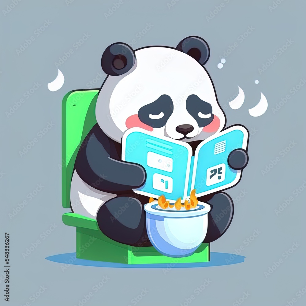 Cute panda reading newspaper on toilet cartoon 2d illustrated icon ...