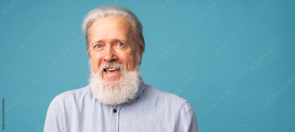 Banner portrait of surprised grey hair beard grandfather old man over ...