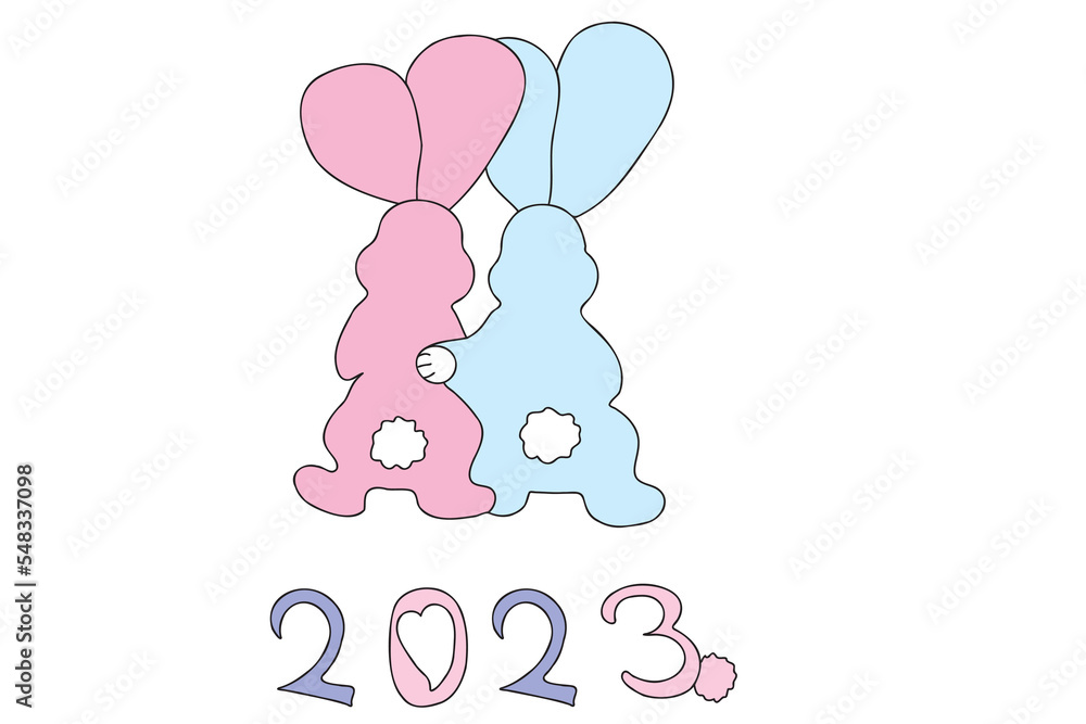 The picture shows pink and blue rabbits hugging each other with their ...