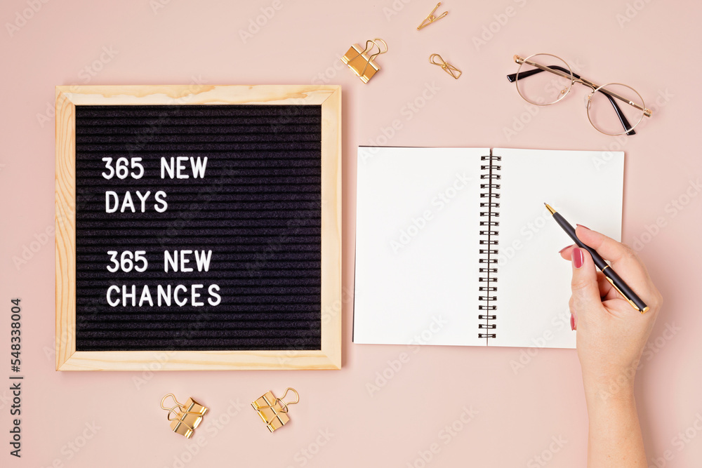 365 new days, 365 new chances. Letter board with motivational quote on ...