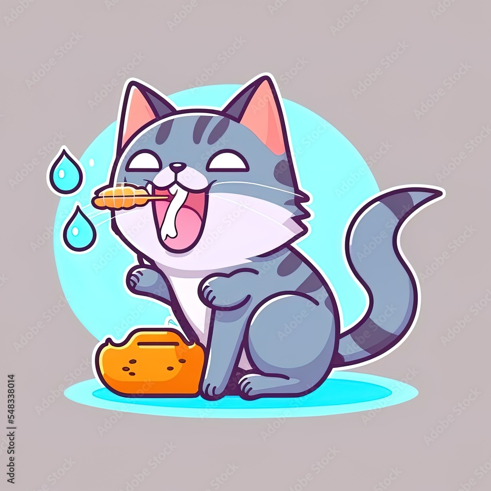 Cute cat eating fish cartoon 2d illustrated icon illustration. animal ...