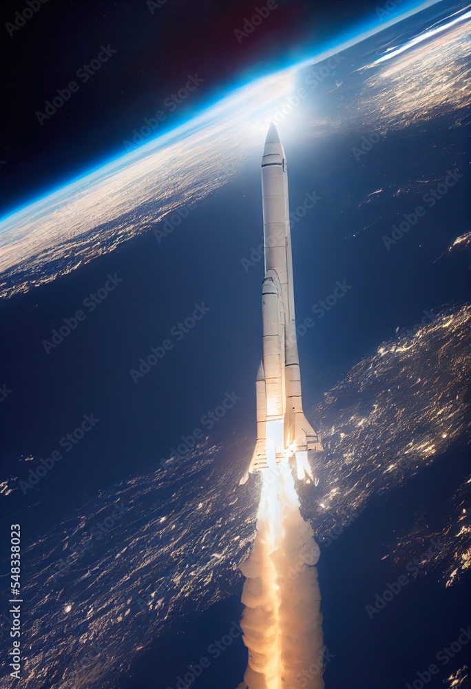 Space rocket takes off into the sky. Spaceship flies to search for new ...