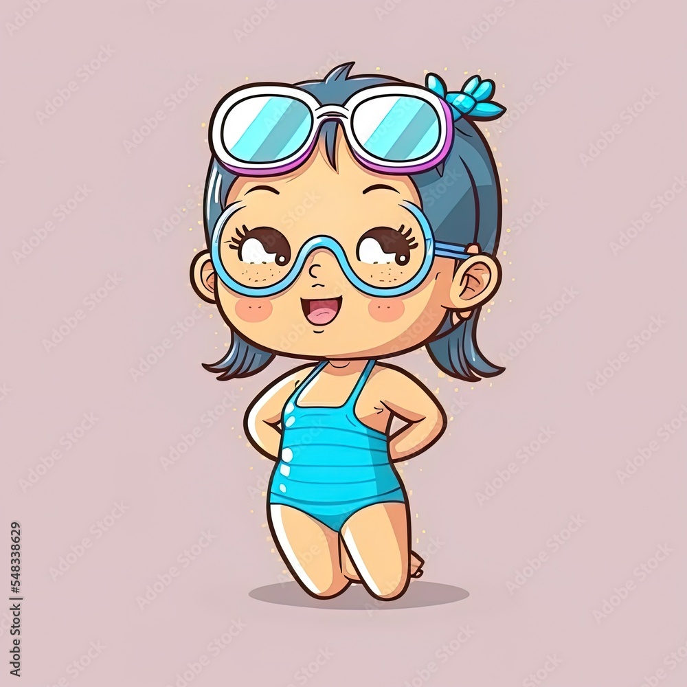 Cute kid girl in swimming costume character cartoon logo hand drawn art ...