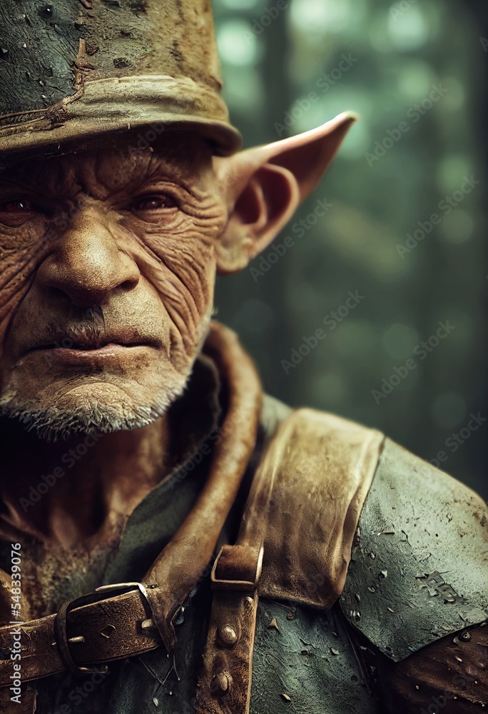 A fantasy elderly elf man in the woods. Elven clothes, sharp elven ears ...