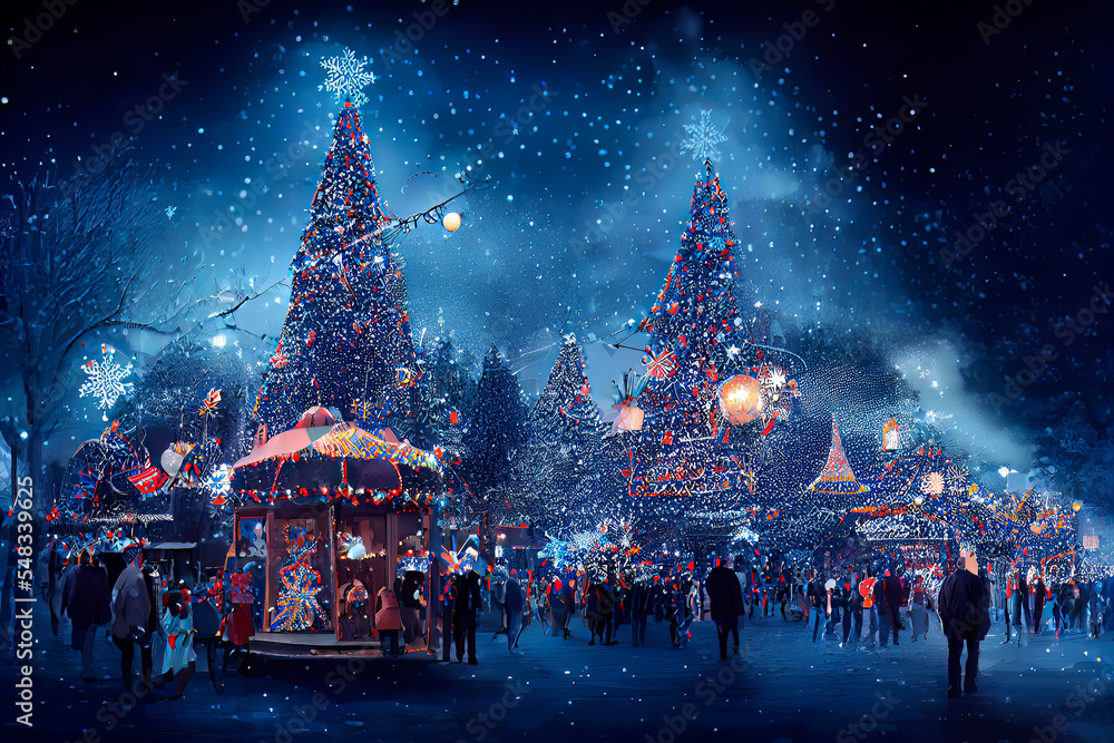 Christmas show on the streets of Los Angeles. Cartoon style. Multi ...