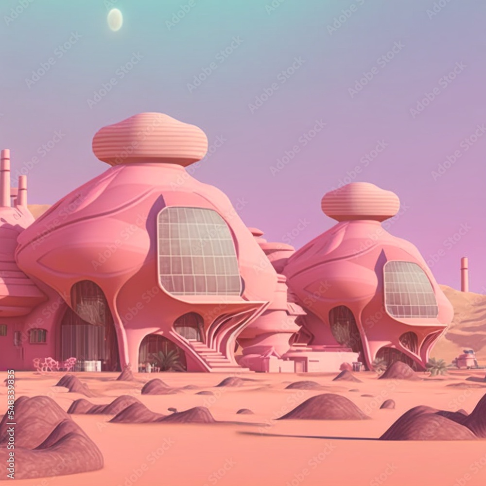 Funny-looking futuristic houses and buildings in the pink desert. An ...