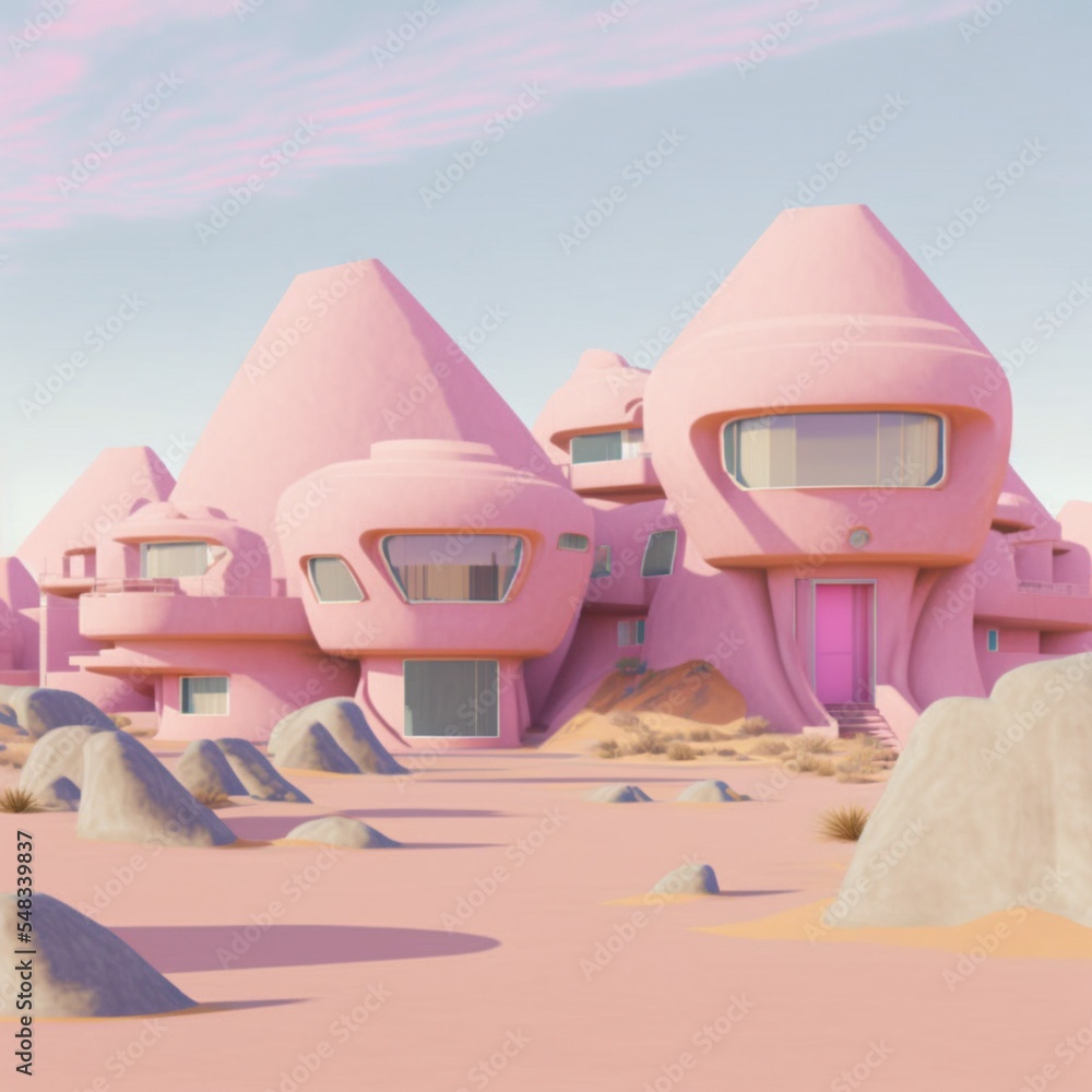 Funny-looking futuristic houses and buildings in the pink desert. An ...