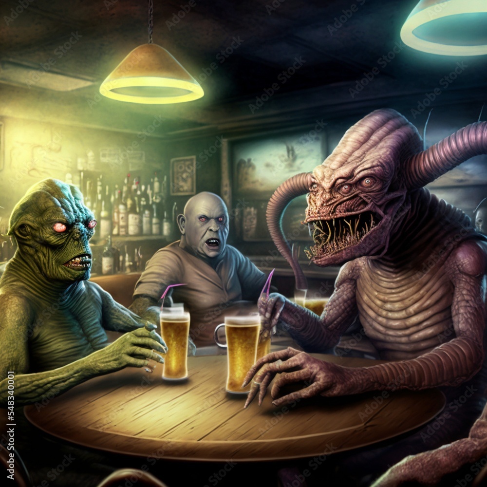 Nightmare monsters at the bar having fun. Scary horrifying monsters ...