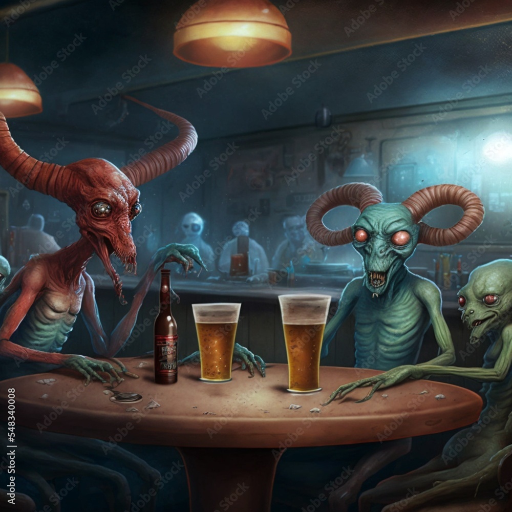 Nightmare monsters at the bar having fun. Scary horrifying monsters ...