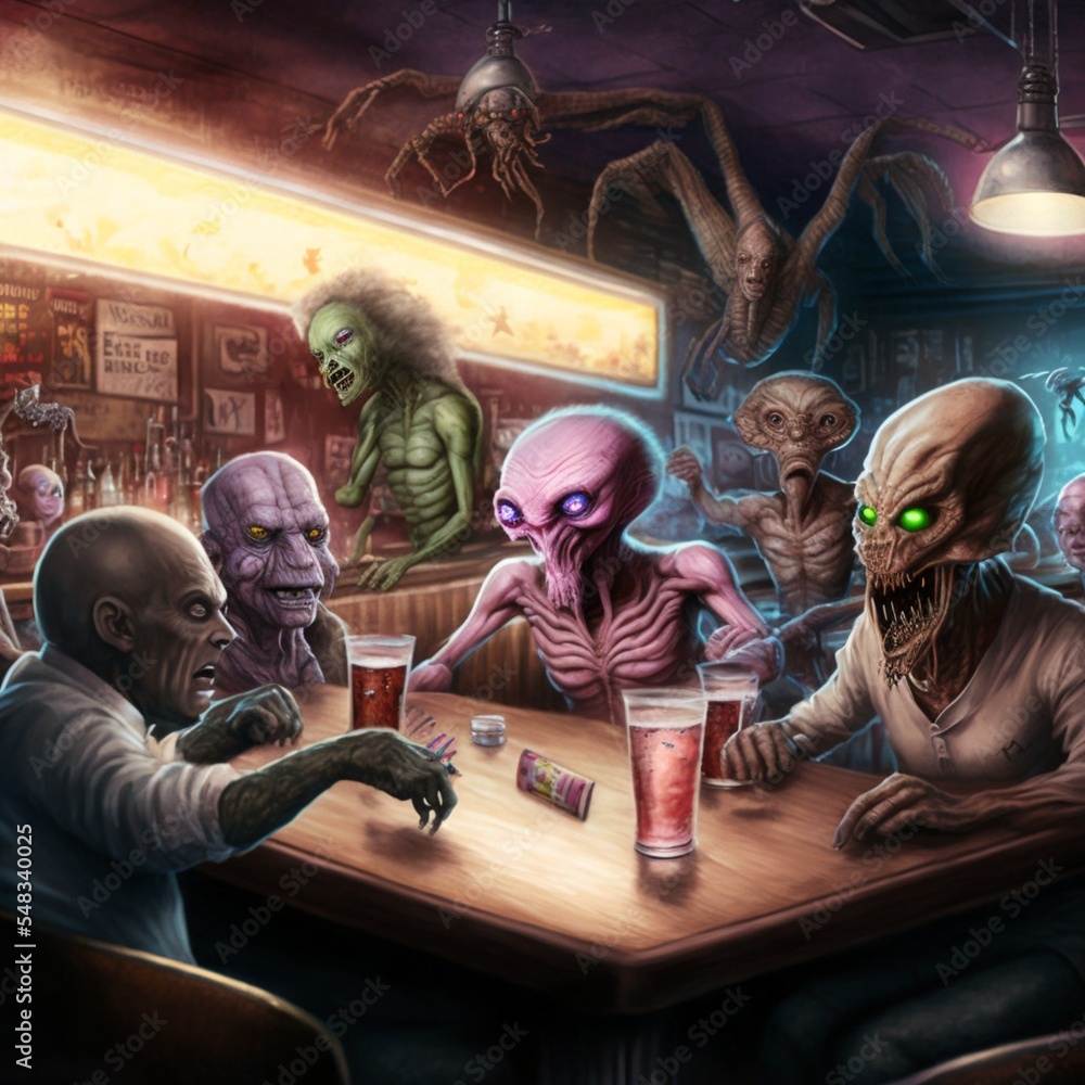 Nightmare monsters at the bar having fun. Scary horrifying monsters ...