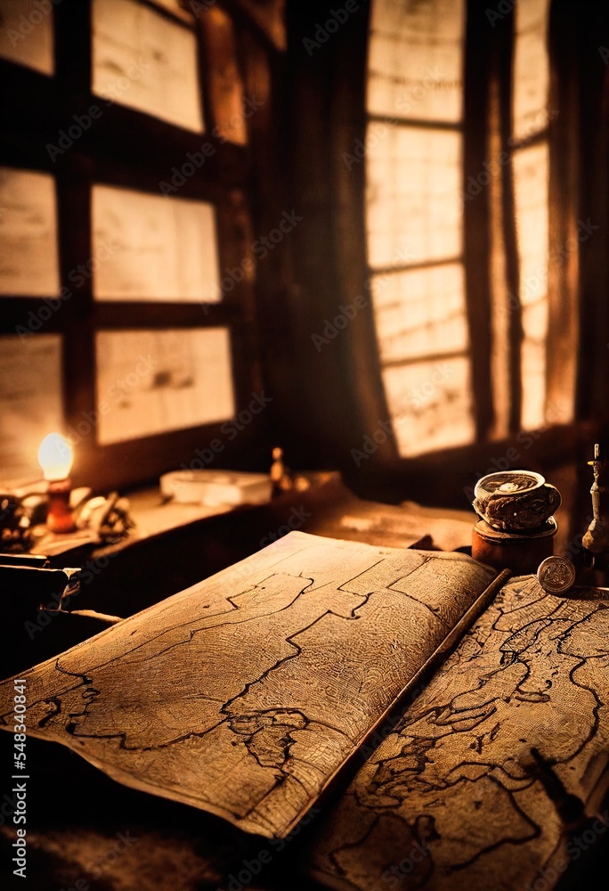 An ancient pirate map in the cabin of a pirate ship. Image of an ...