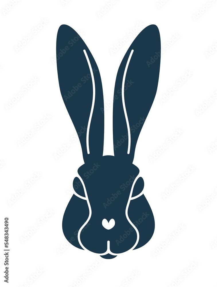 Water rabbit year. Dark blue silhouette of a rabbit's head with long ...