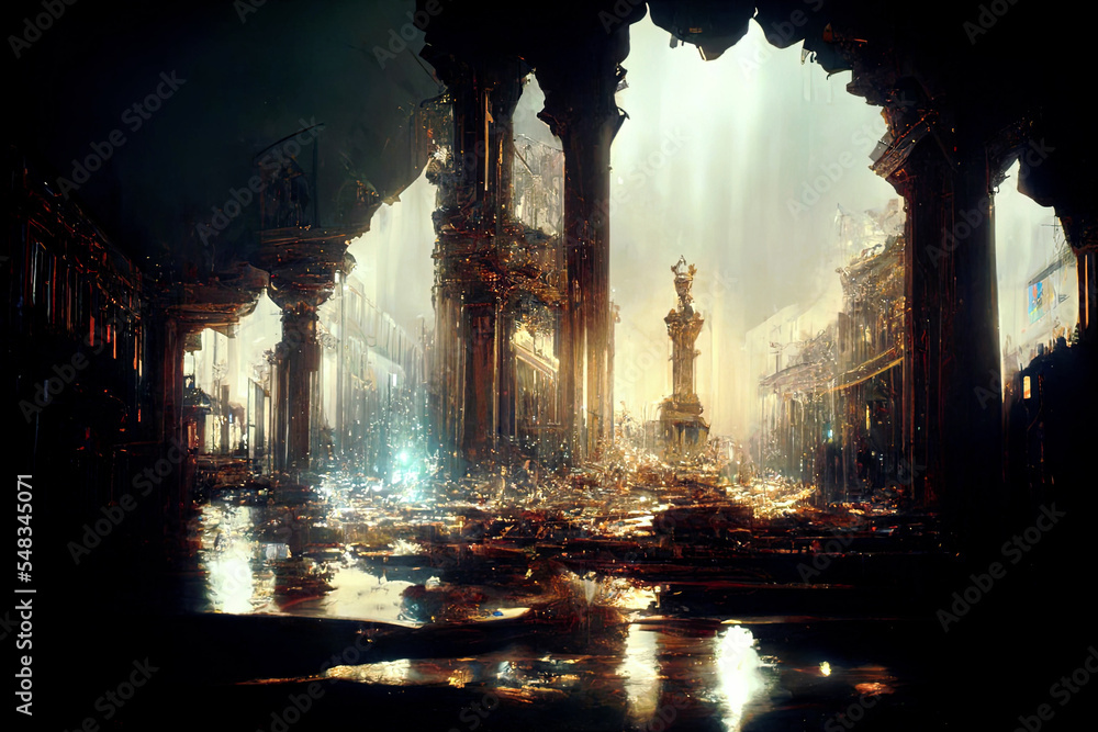 Futuristic cyberpunk city. Old monuments at night on a rainy day. Dark ...