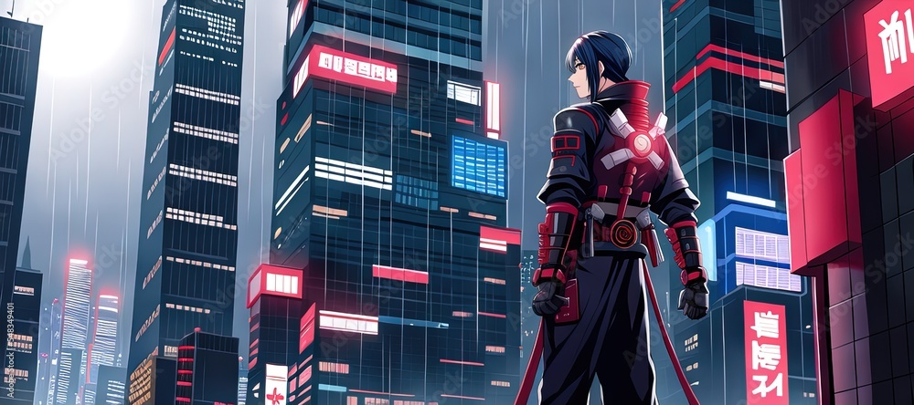 Futuristic samurai standing on a building in cyberpunk city at rainy ...