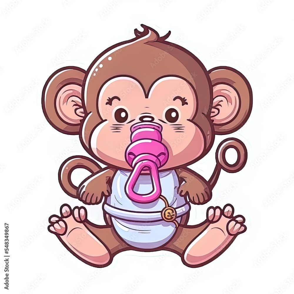 Cute baby monkey wearing pacifier and diaper cartoon 2d illustrated ...