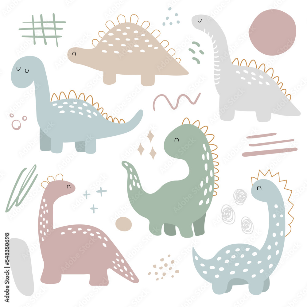 Vector hand drawn doodle dinosaur set. Modern clipart set with dots ...