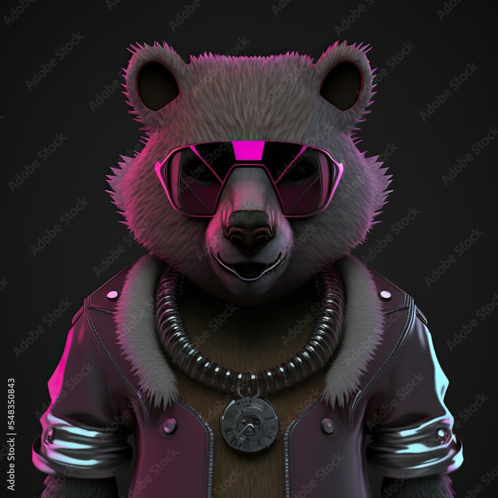 Cyberpunk bear in punk rock outfit character design. 3d render NFT idea ...