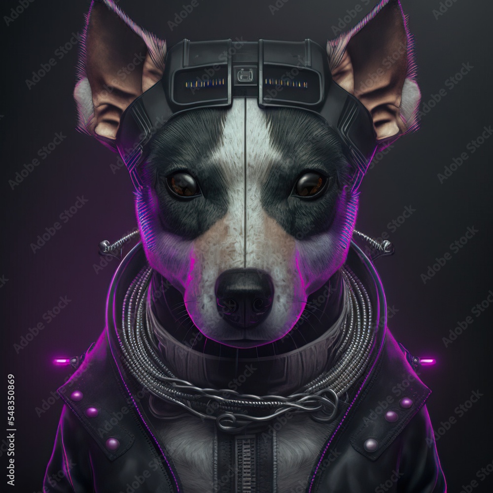 Cyberpunk dog in punk rock outfit character design. 3d render NFT idea ...