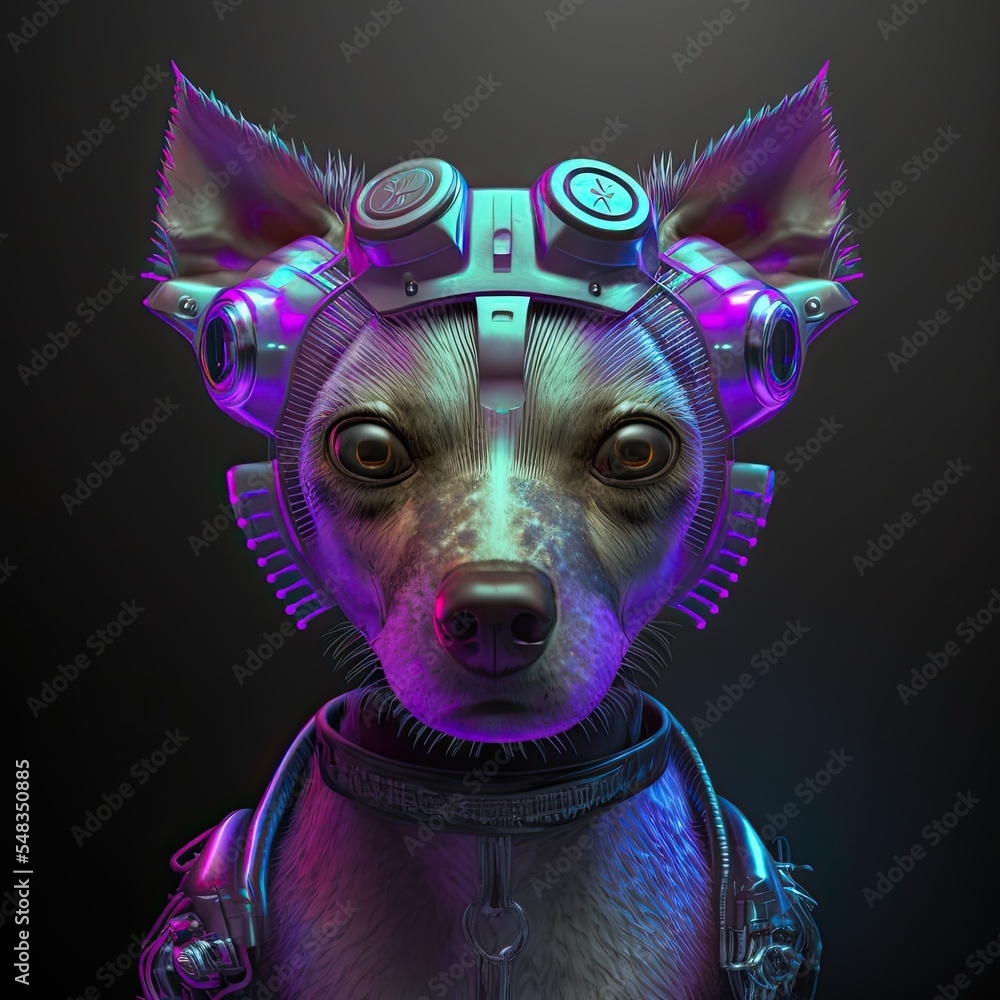 Cyberpunk dog in punk rock outfit character design. 3d render NFT idea ...