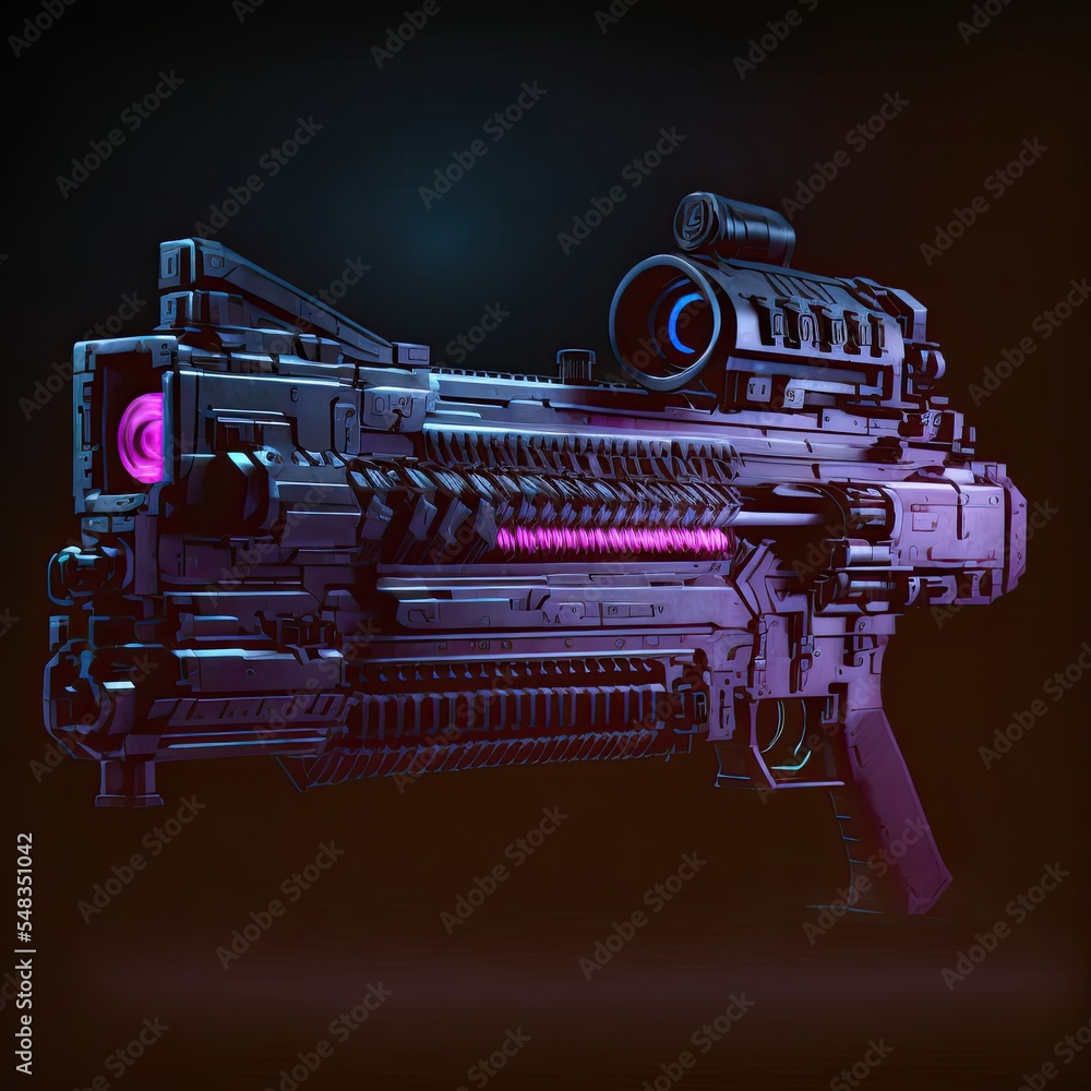 Cyberpunk automatic rifle gun weapon isolated on black background. 3d ...
