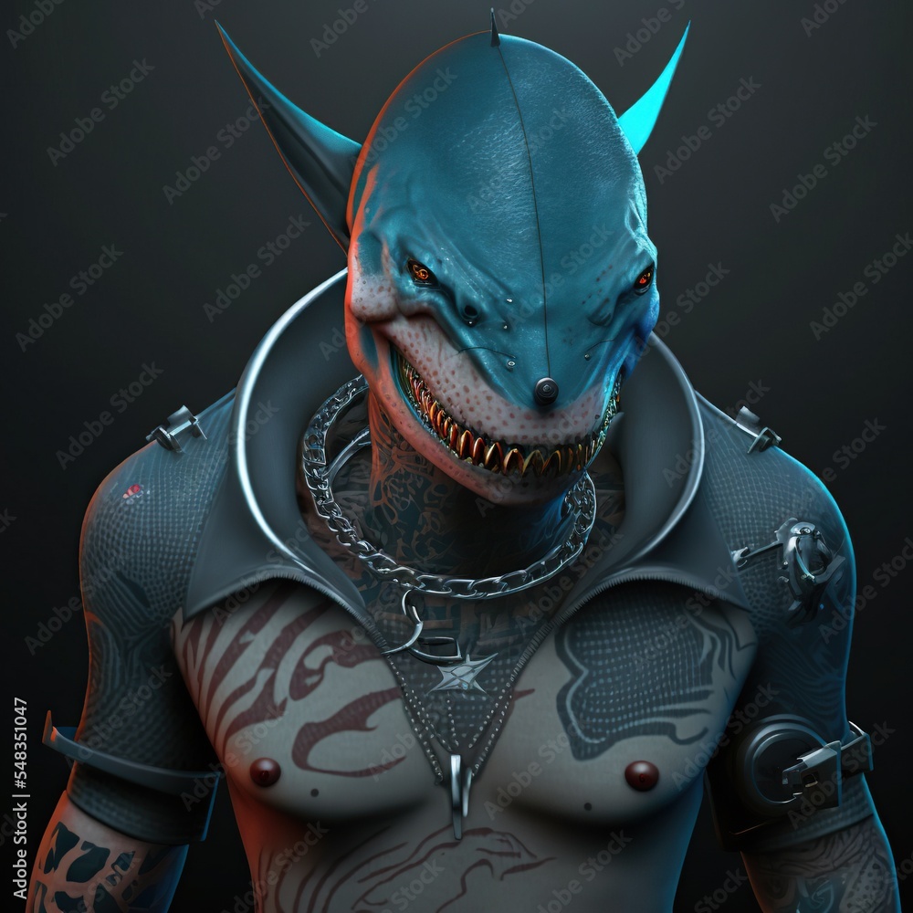 Cyberpunk future antropomorphic shark dressed in cool leather jacket ...