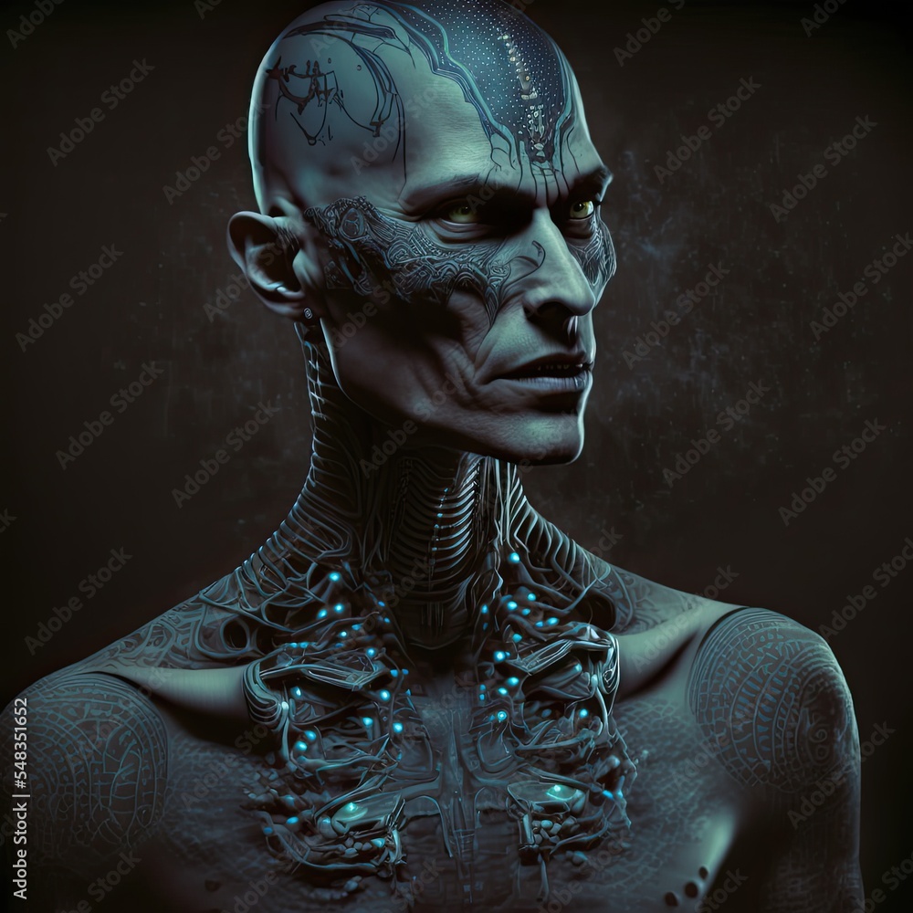 Cyberpunk alien mutant character design. 3d render isolated on black ...