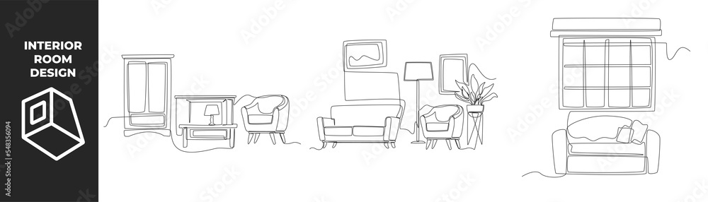 Single one line drawing interior room concept. living room set with ...