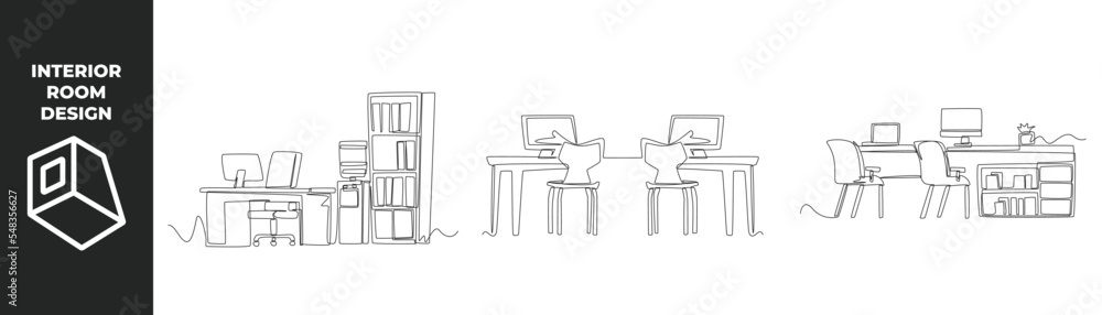Single one line drawing office interior concept. Office desk, chair ...