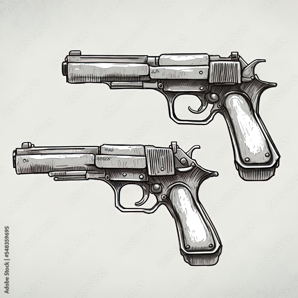 Hunters conceptual gun pistols hand drawn sketch 2d illustrated ...