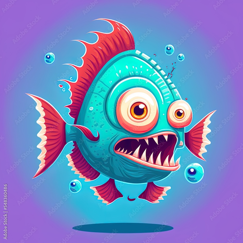 2d illustrated monster fish character design for graphic designer make ...