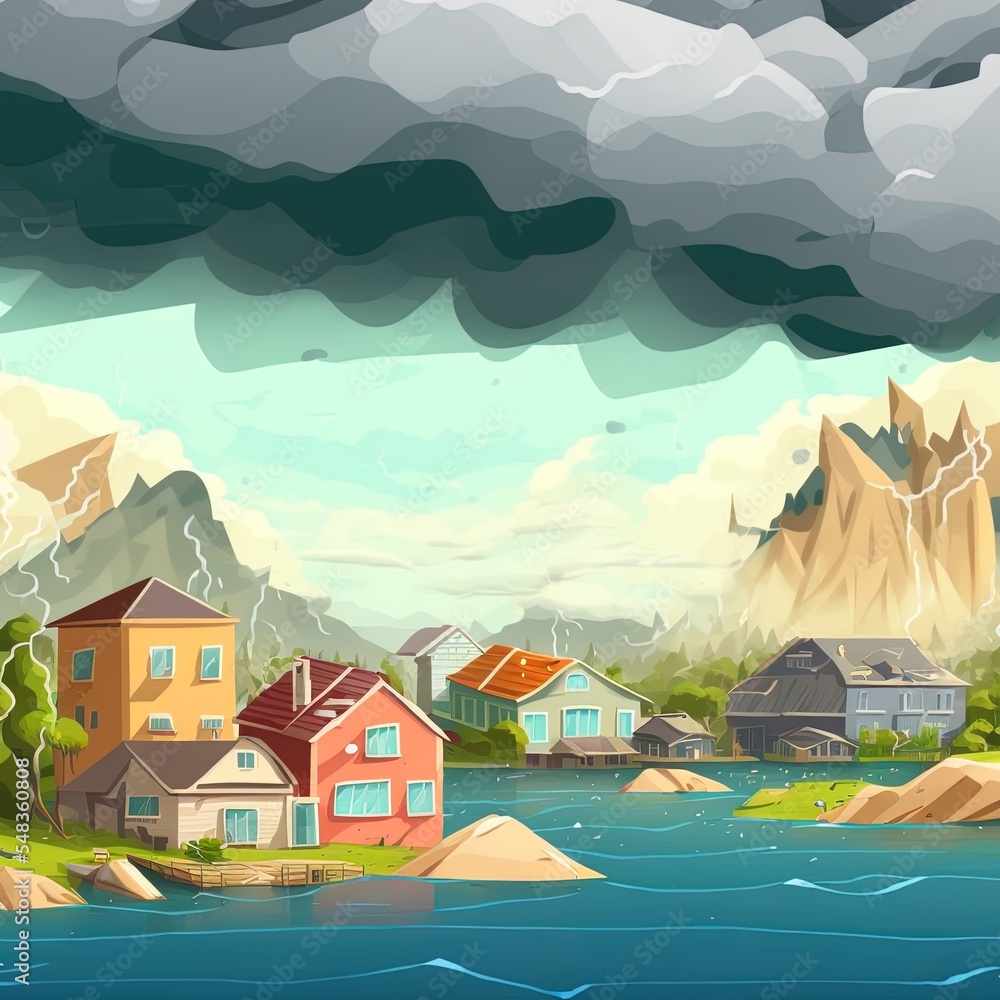 Natural disaster cartoon composition of outdoor landscape with living ...