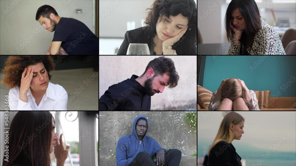 Collage of sad people. Multiscreen montage, split screen collage Stock ...